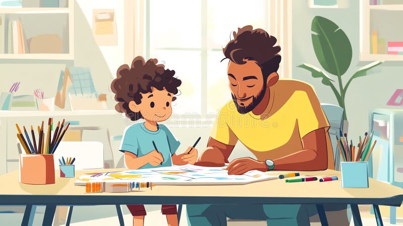 Father and Son Drawing Illustration Stock Image - Image of parent, home ...