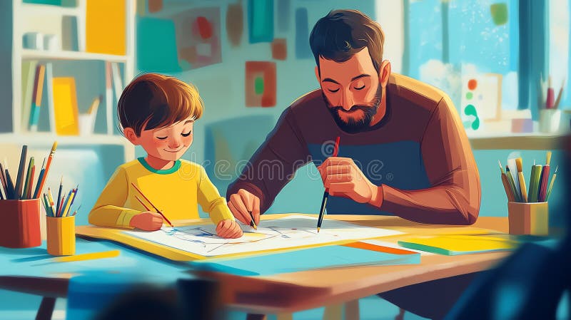 Father and Son Drawing Illustration Stock Image - Image of support ...