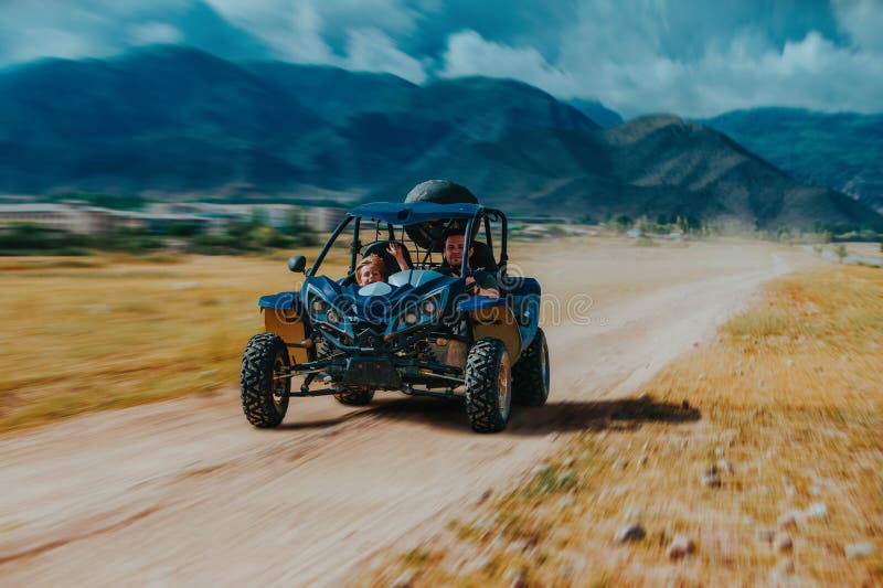 Father and Son Driving Fast Buggy on Mountain Road, Blurred Motion ...