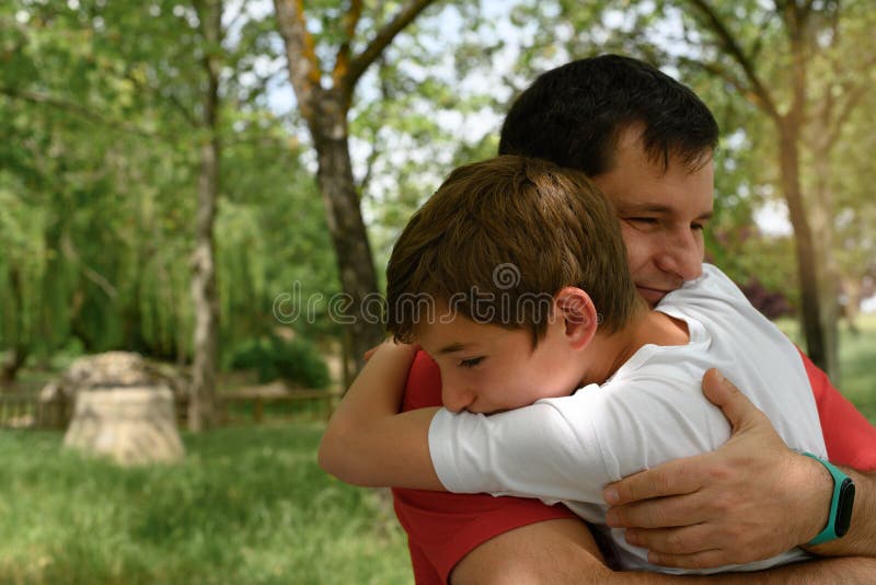 Father and Son Embrace Smiling Stock Image - Image of enjoy, emotion ...