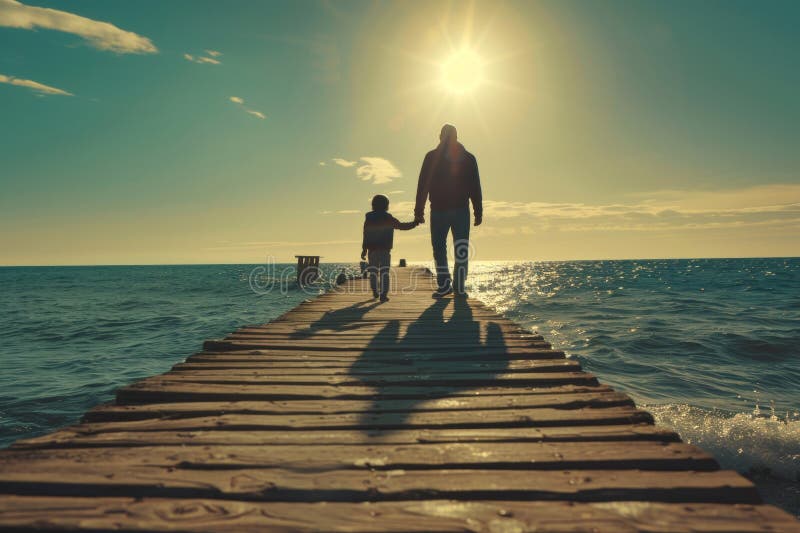 Father and Son Enjoying the Sun on the Pier. Stock Photo - Image of ...