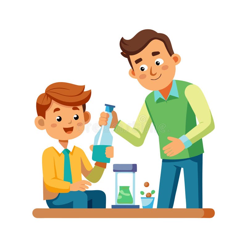 Father and Son Experiment with a Liquid and Hourglass, Vector ...
