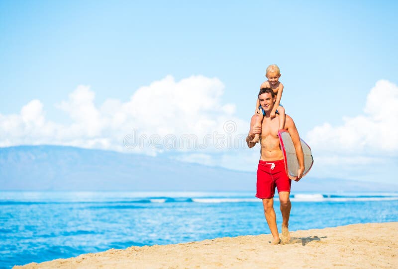 Father and Son Surfing, Riding Wave Together Stock Photo - Image of ...