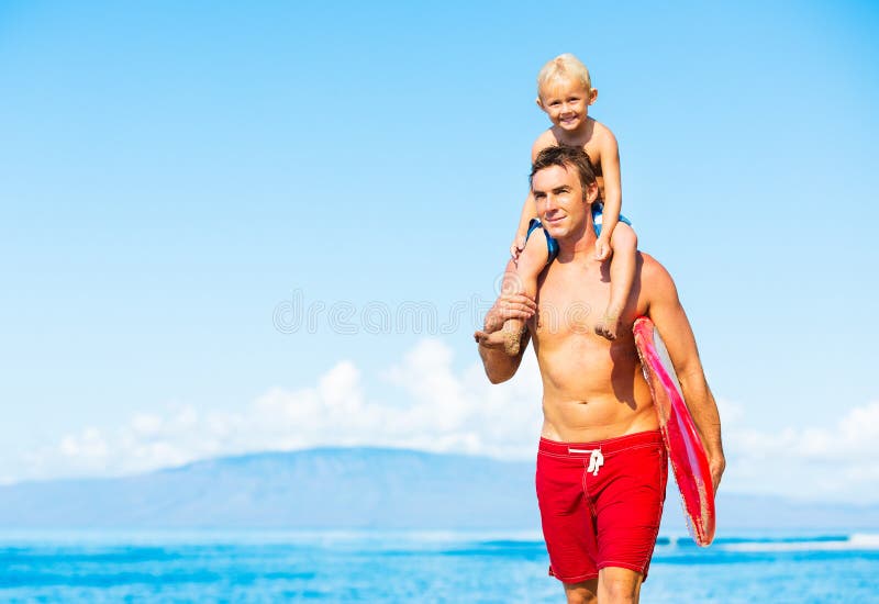 Father and Son Surfing, Riding Wave Together Stock Photo - Image of ...
