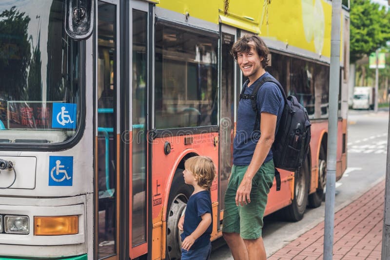 Father and Son Going To Go by Bus in Hong Kong Stock Photo - Image of ...