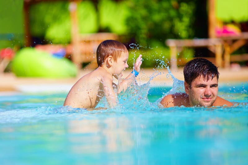 Father and Son Having Fun in Pool, Summer Vacation Stock Photo - Image ...