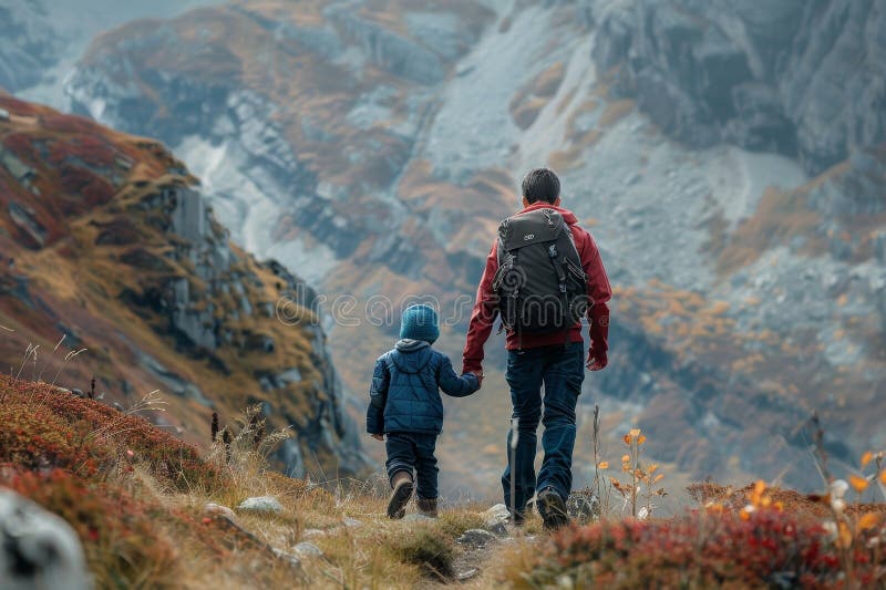Father and Son Hiking Up a Steep Hill in the Mountains, a Father and ...