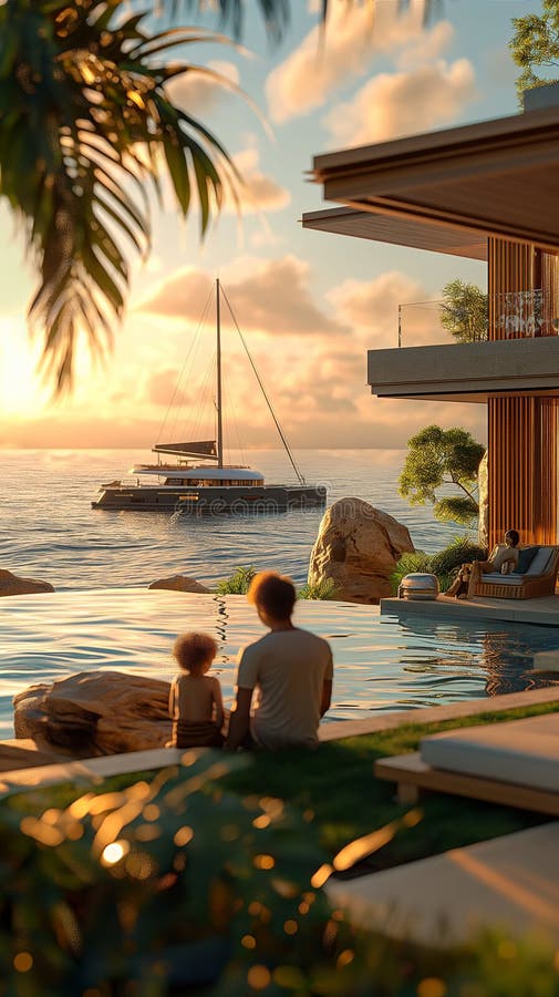 A Father and Son Look at a Ship at Sea. Stock Illustration ...