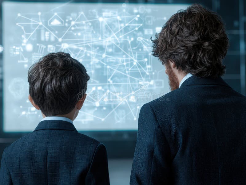 Father and Son Looking at a Complex Technology Display. Stock ...