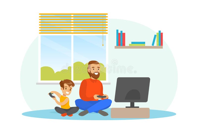 Father and Son Playing Video Games on Game Console at Home Cartoon ...
