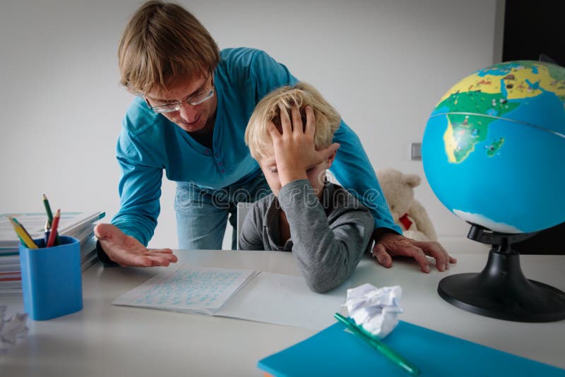 Father and Son Stressed Tired of Doing Homework Together Stock Photo ...