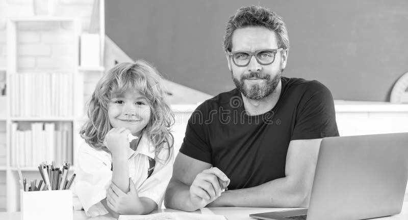 Father and Son Study in Classroom with Laptop, Online Education Stock ...