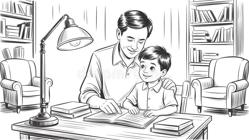 Father and Son Studying Together in Library - Black and White Cartoon ...
