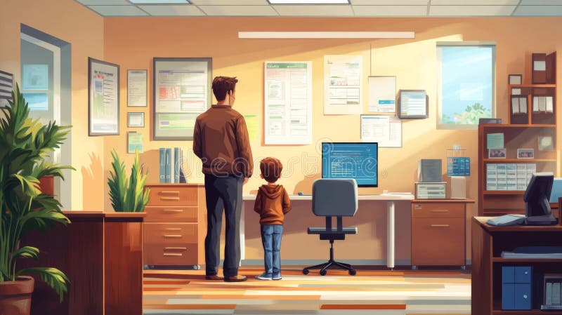 Father and Son in Sunlit Office Workspace Stock Illustration ...