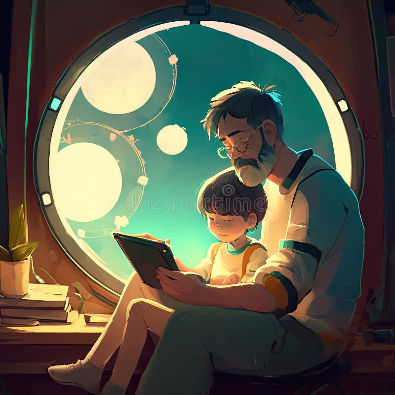 Father and Son is Using Tablet Technology Together in a Futuristic ...