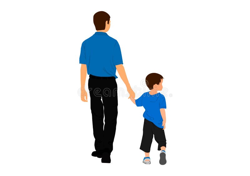 Father And Son Walking Holding Hands Vector Illustration Isolated White