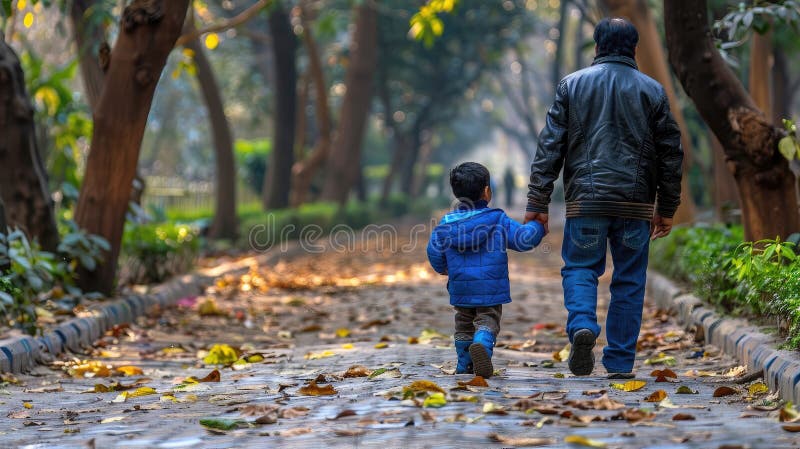 Father and Son Walking Together on a Leaf-strewn Park Path. Stock Image ...
