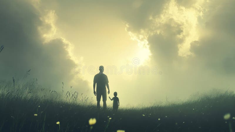 Father and Son Walking Towards a Bright Future in a Serene Field Stock ...