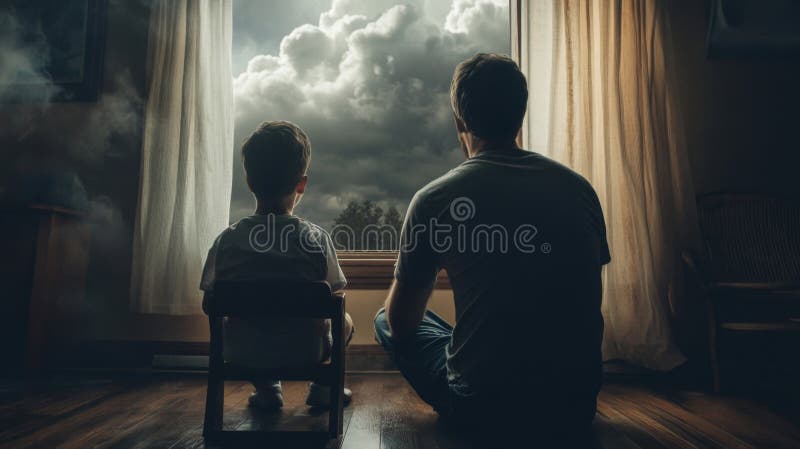 Father and Son Watching Stormy Weather through Window Stock ...