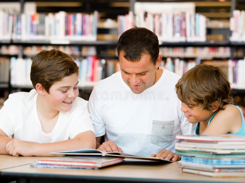 Father with Sons in Library Stock Image - Image of knowledge, male ...