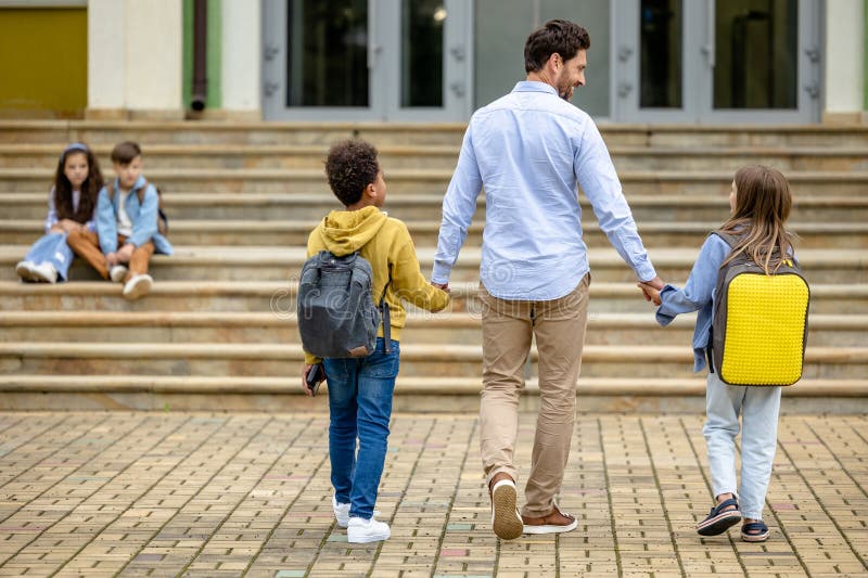 Father Taking Kids To School in the Morning Stock Image - Image of cute ...
