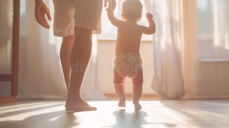 A Father Teaches His Child the First Steps. Concept about Fatherhood ...