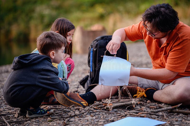 Father Teaching Kids How To Build a Small DIY Structure Stock Image ...