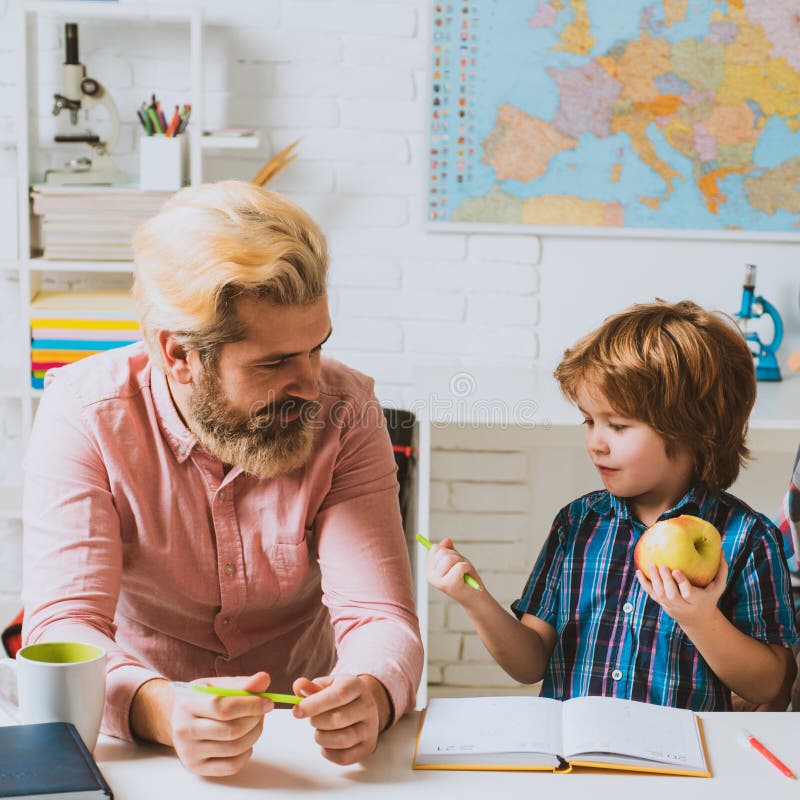 Father Teaching Son. Cute Little Boy Study and Learn with Teacher Dad ...