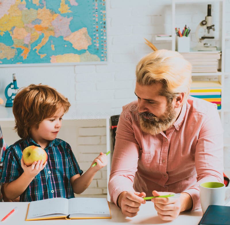 Father Teaching Son. Cute Little Boy Study and Learn with Teacher Dad ...