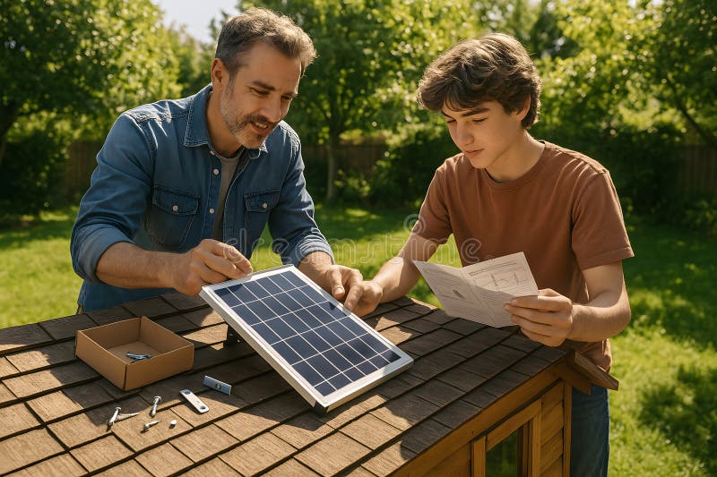 Father and Teenage Son Assembling Small Solar Panel Together in ...