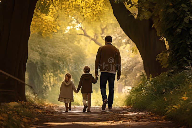 Father Walk in the Park with a Young Son and DAUGHTER. Stock Photo ...