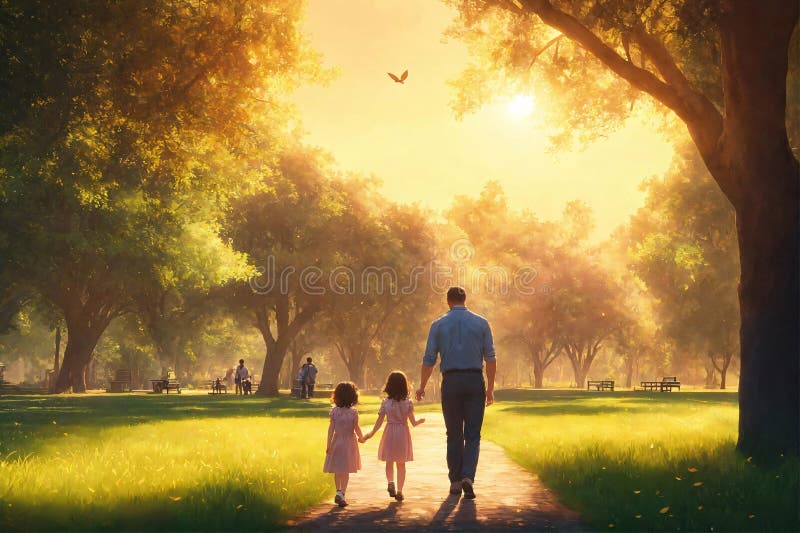 Father Walking with Little Daughters. Back View Stock Illustration ...