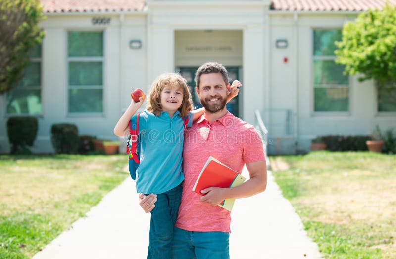 Father Walking Son To School. Parent and Pupil of Primary School with ...