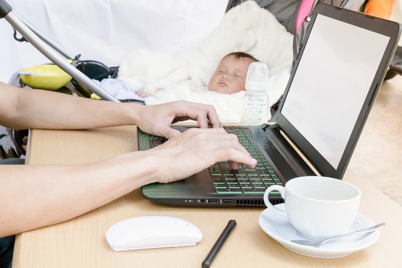Father Working when Baby Sleep. Modern Life Stock Image - Image of ...