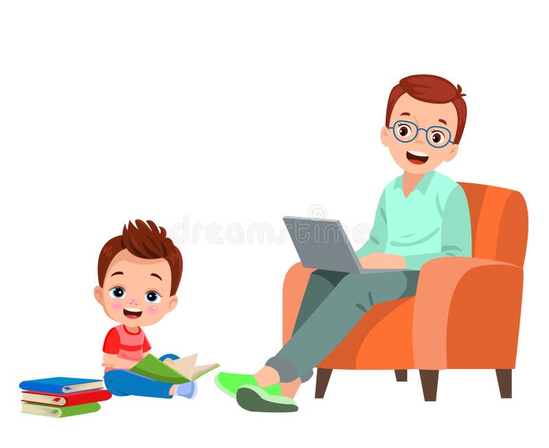 Father Working with Computer and Child Reading Book Stock Vector ...