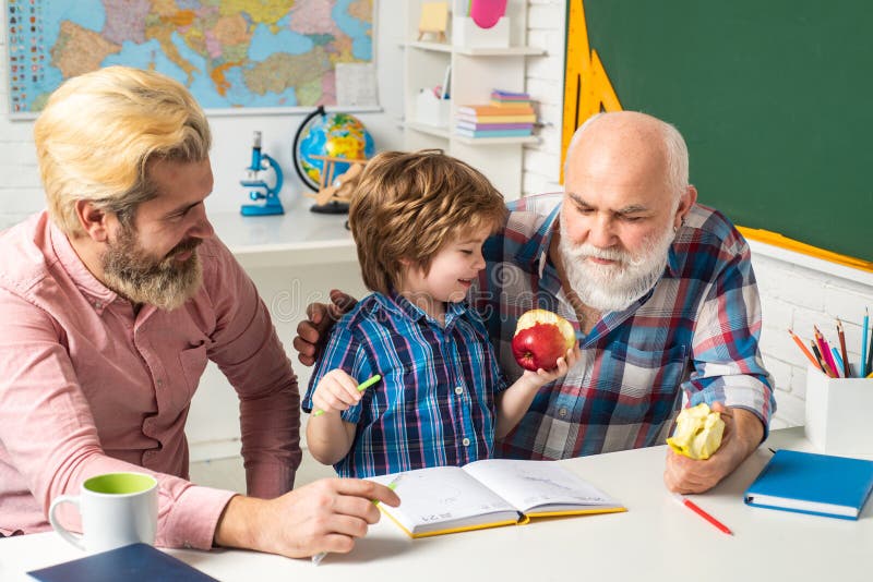 Fathers Day. Grandfather Father and Son Learning Write and Read at ...