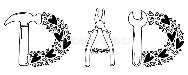 Fathers Day Illustration. Dad Word in Doodle Style. Hand Drawn Hammer ... Fathers Day Illustration. Dad Word in Doodle Style. Hand Drawn Hammer ...