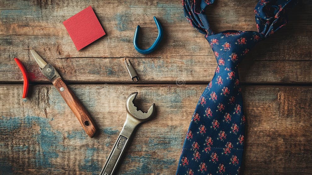 Fathers Day Tie, Tools, and Greeting Card on Rustic Table. Stock Image ...