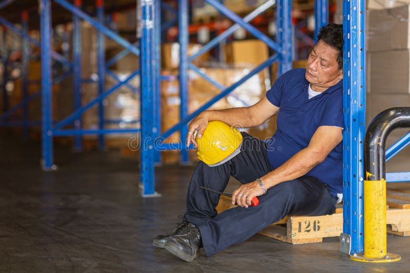 Fatigue Senior Adult Worker Napping Sleep at Work Exhausted. Warehouse ... Fatigue Senior Adult Worker Napping Sleep at Work Exhausted. Warehouse ...