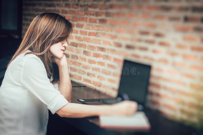 Fatigue Women Thinking Alone while Working Stock Image - Image of ...