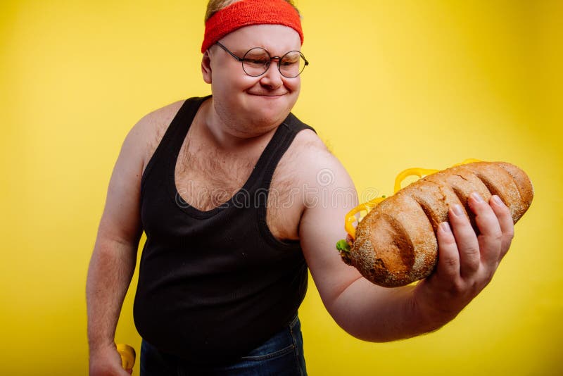Funny Fat Man Sweats while Lifting Burger Stock Image - Image of muscle ...