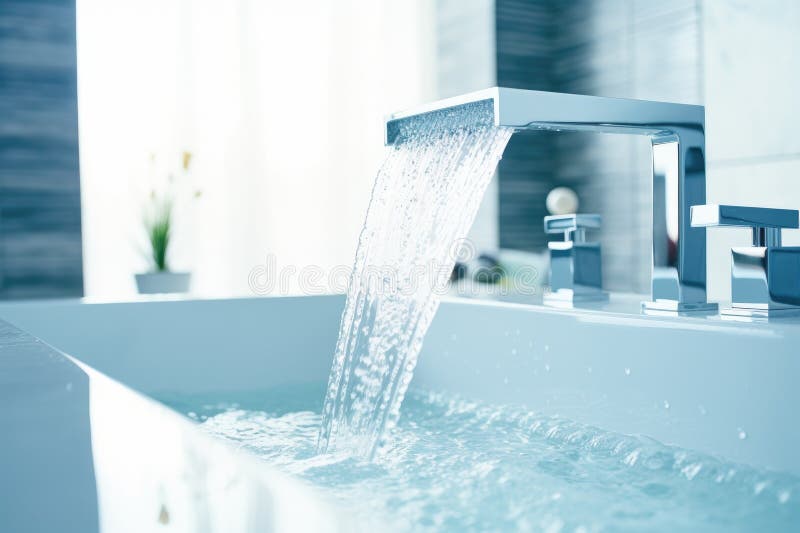 Faucet with Clear Flowing Water into a White Bathtub, Modern Bathroom ...