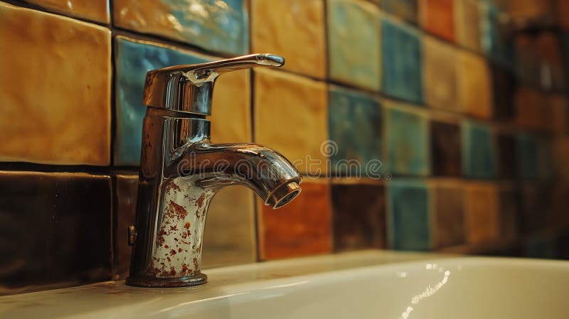 Faucet with Rust on a Background of Colored Tiles in the Bathroom. the ...