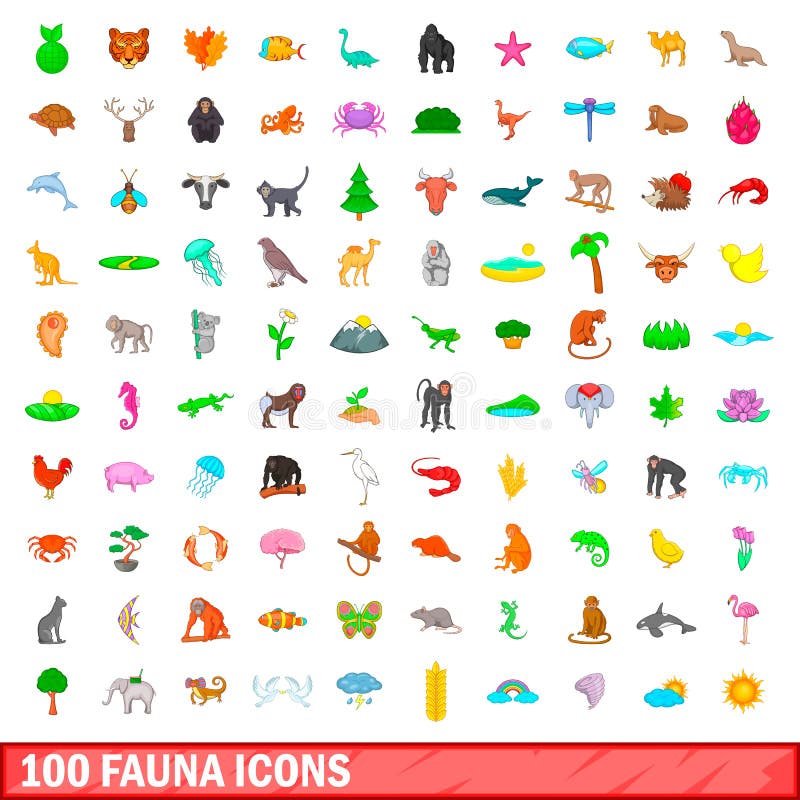 100 Fauna Icons Set, Cartoon Style Stock Vector - Illustration of funny ...