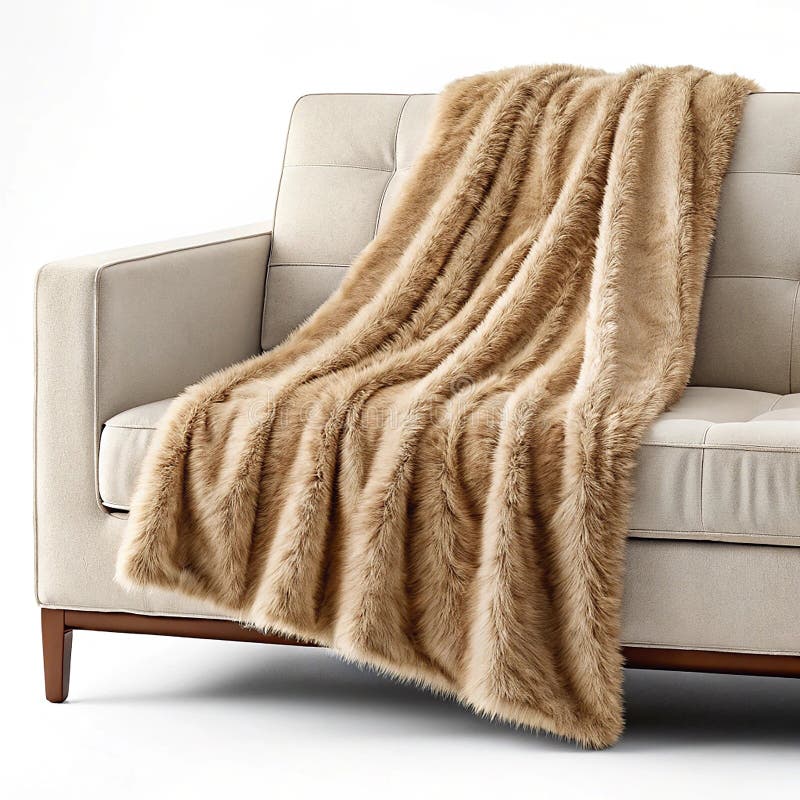 Faux Fur Throw Blanket Draped on Sofa on White Background Stock ...