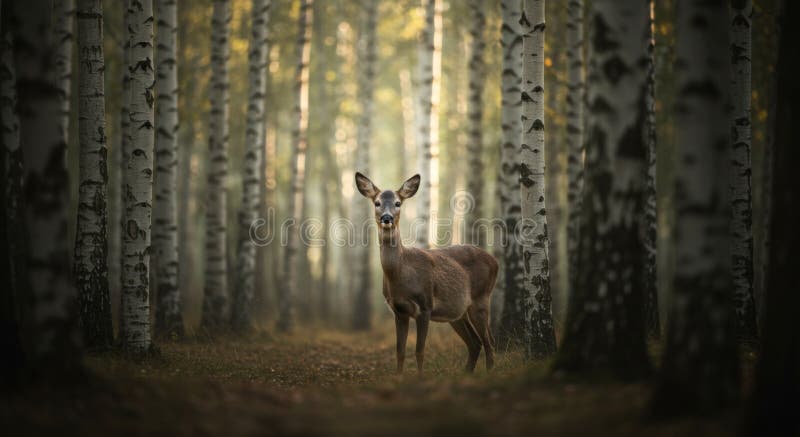 Fawn in Birch Forest at Dawn Stock Illustration - Illustration of ...