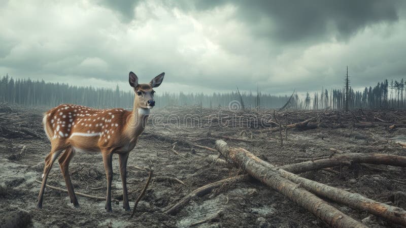 Fawn in the Forest after a Forest Fire. Vintage Tone Stock Illustration ...