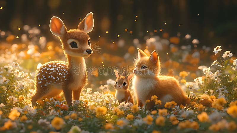 Fawn, Kitten, Bunny Meadow Sunset, Children S Book Stock Illustration ...