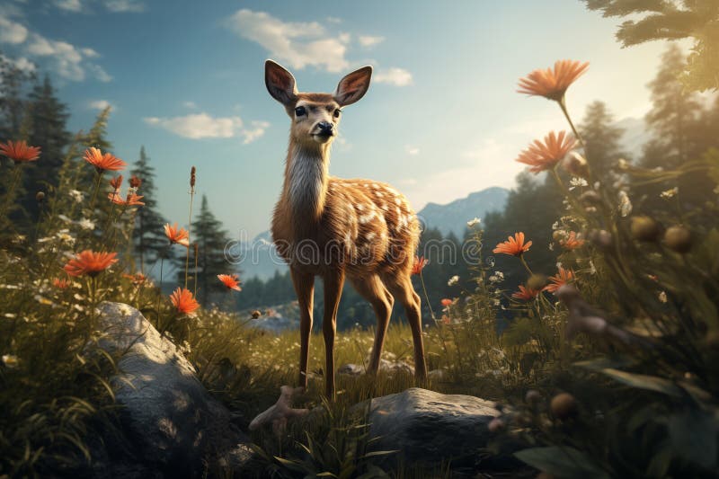 Fawn in the Meadow with Flowers at Sunset. Vintage Style Stock ...