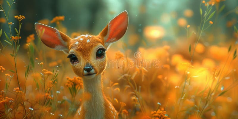 Fawn in a Meadow with Wildflowers. Banner with Space for Text Stock ...